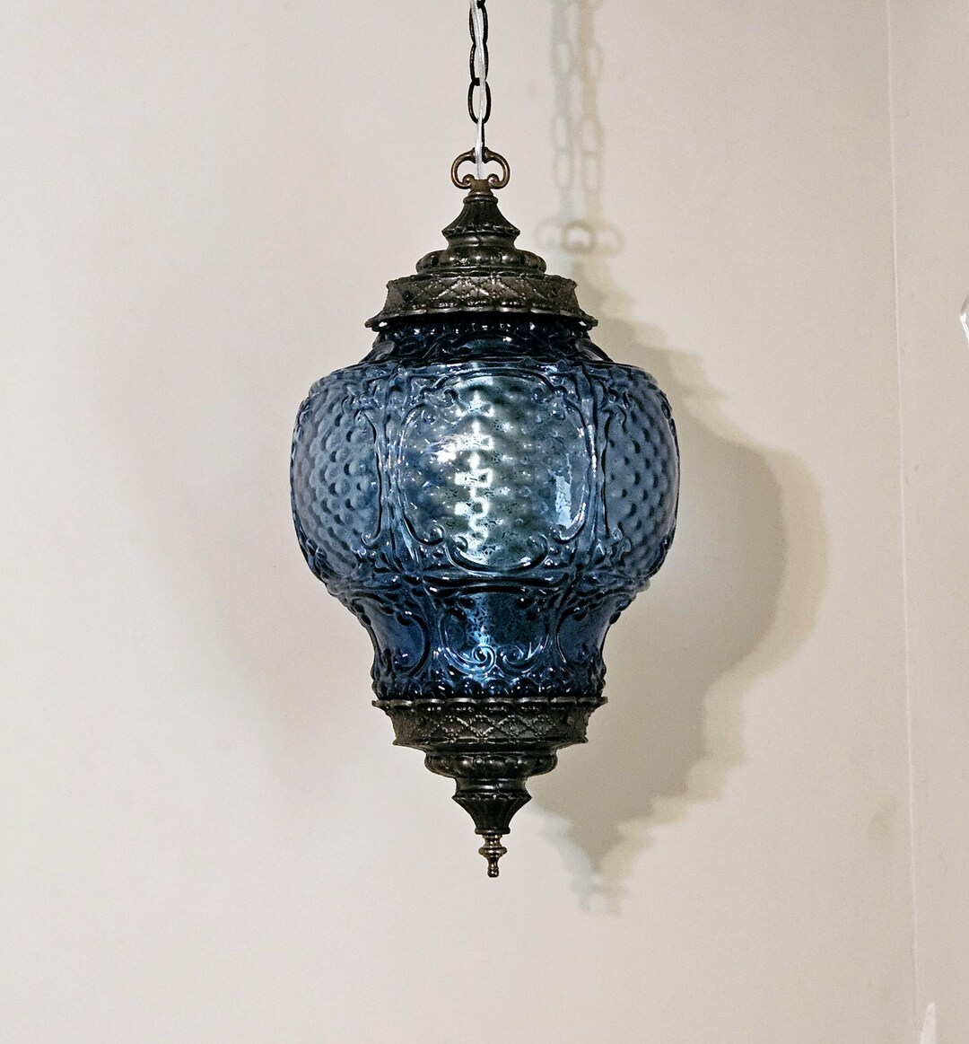 RARE Blue DIMPLED Hanging Lamp Vintage Antique Light Swag Retro ...