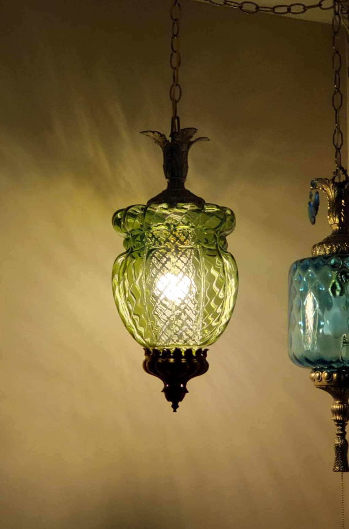 Vintage GREEN Hanging Glass Light Swag Globe Lamp Retro - Etsy