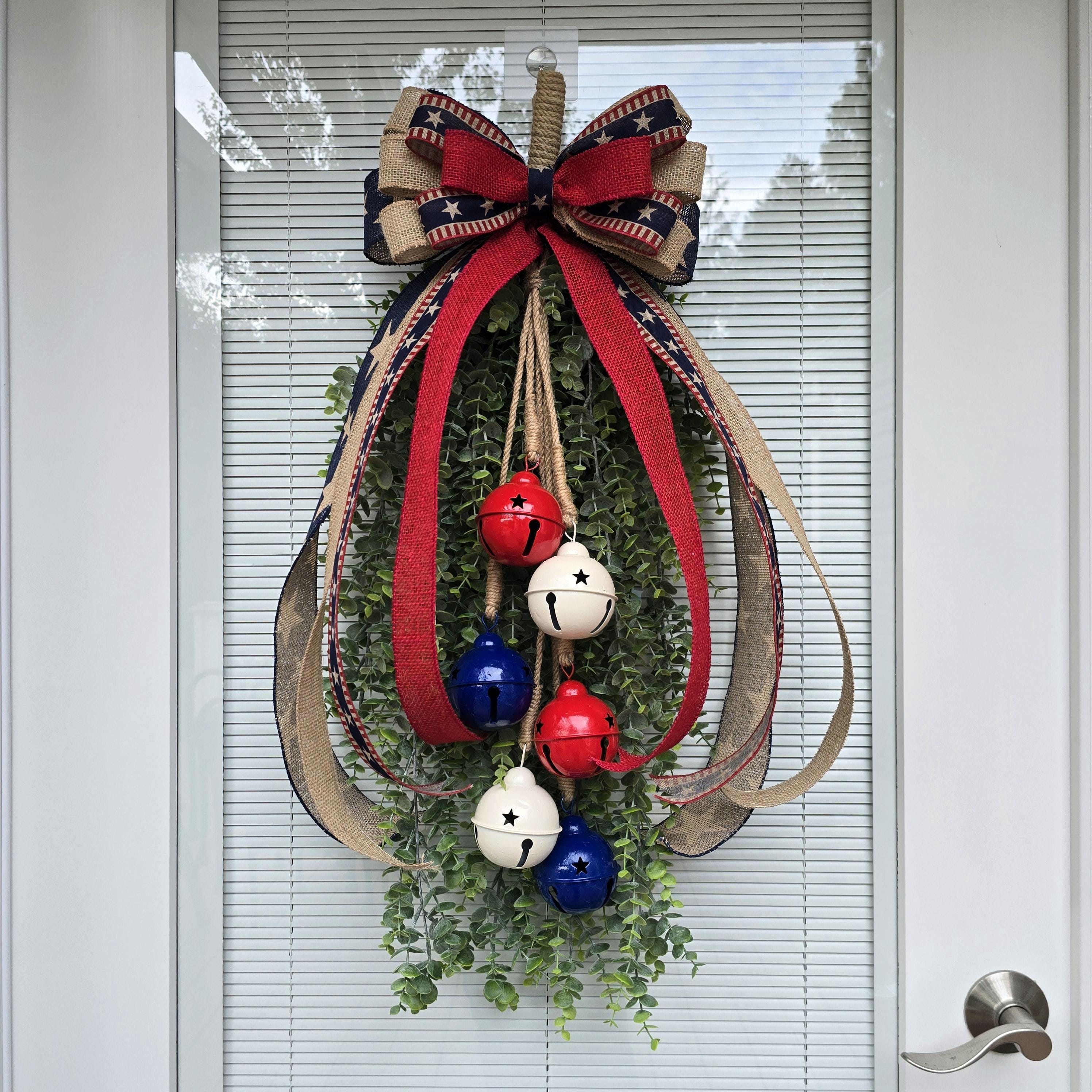 Patriotic 4th of July Door Swag: Eucalyptus, Flag Bells, Burlap Bow - Etsy