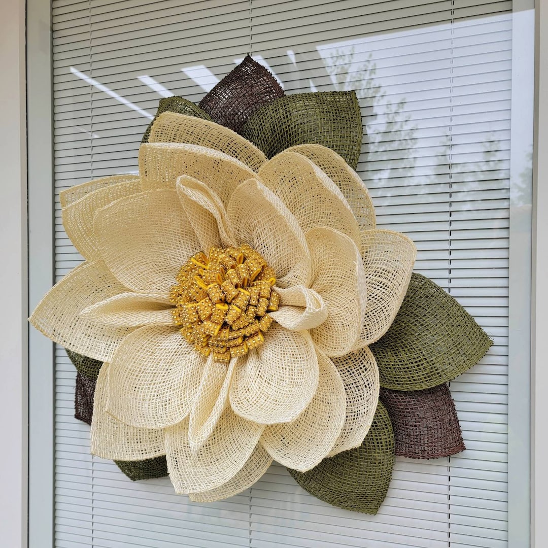 Outdoor Magnolia Cream Burlap Front Door or Porch Flower Bling Wreath ...