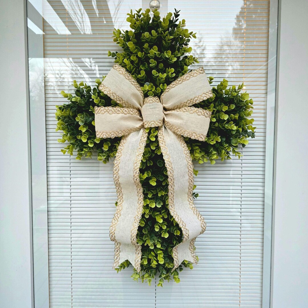 Boxwood Cross Wreath for Front Door, Farmhouse Religious Decor, Easter ...