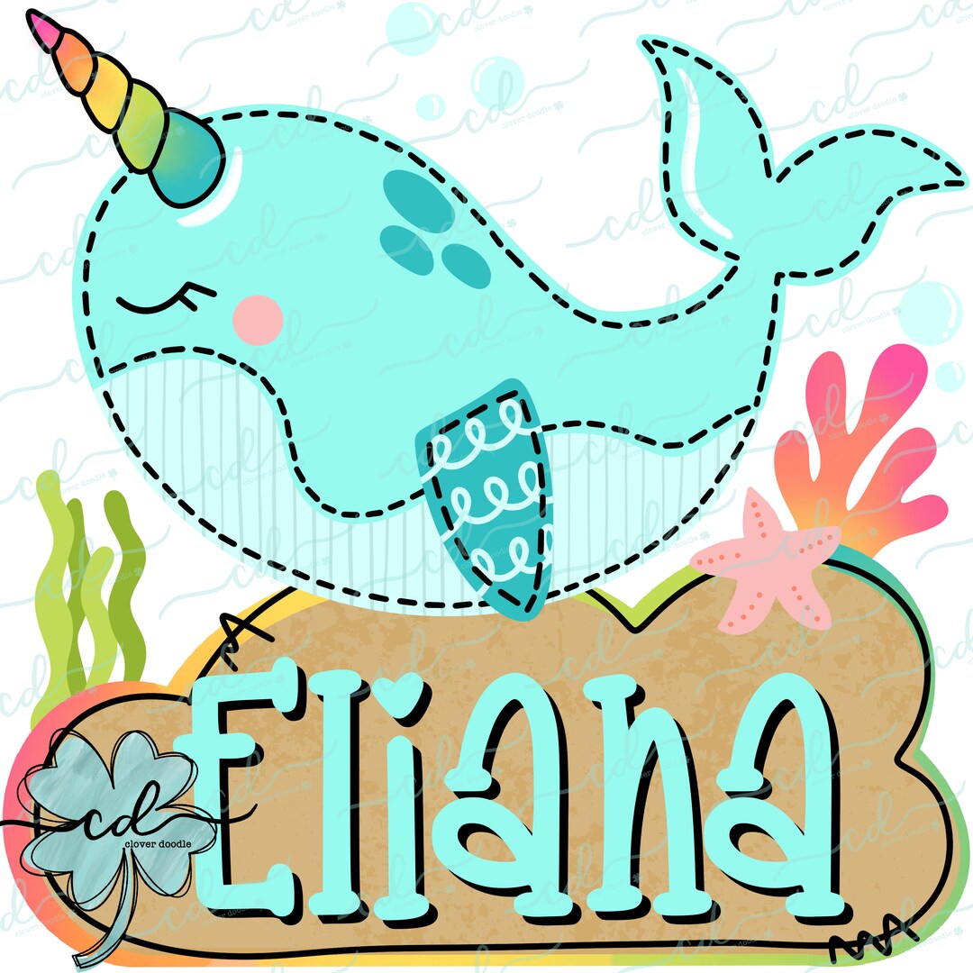 Rainbow Narwhal With Beach Nameplate- CD - Faux Applique PNG, Digital ...