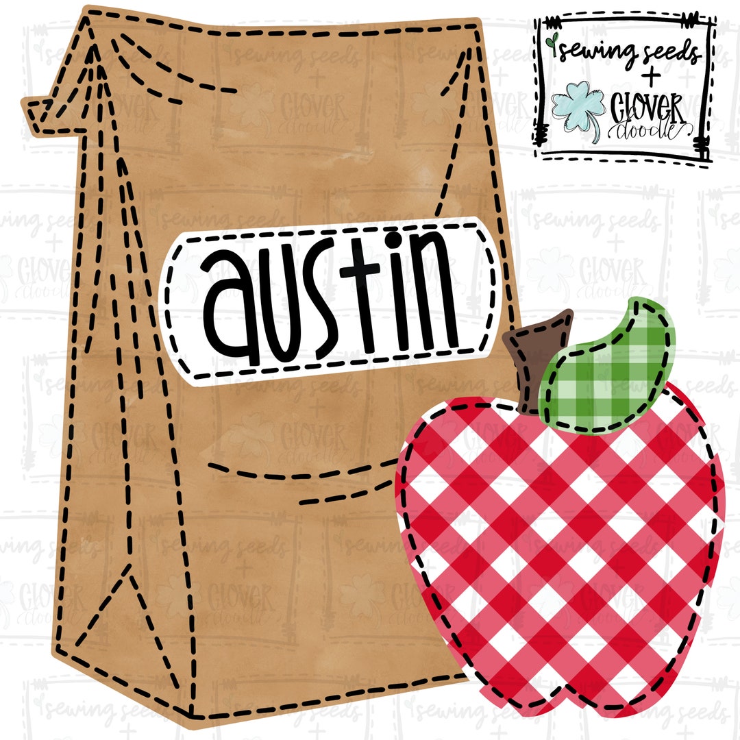 School Sack Lunch With Nameplate and Apple- Boy - SS+CD - Faux Applique ...