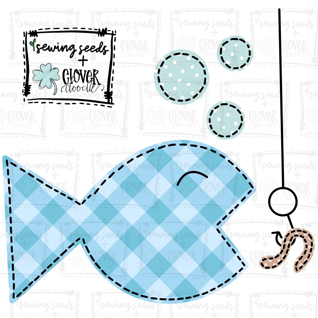 Fish With Worm Bait- Blue - SS+CD - Faux Applique PNG, Digital Download for Sublimation and ...