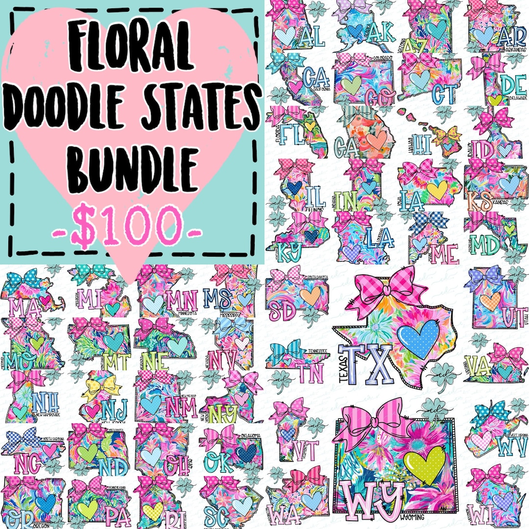 Floral Doodle States BUNDLE- All 50 Files Individually Saved!- CD - PNG ...