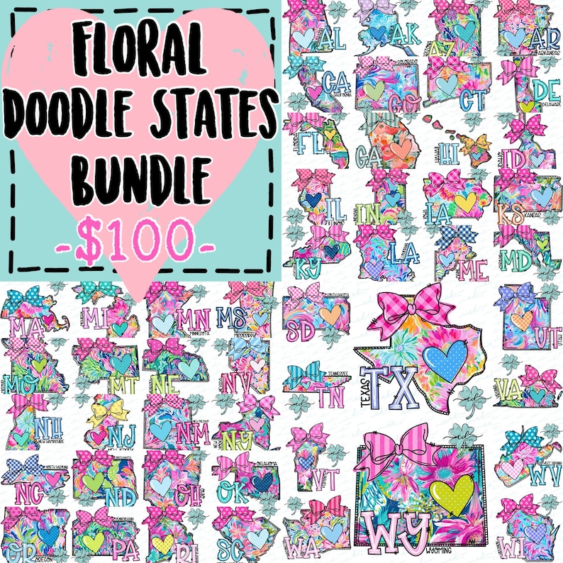 Floral Doodle States BUNDLE- All 50 Files Individually Saved!- CD - PNG ...