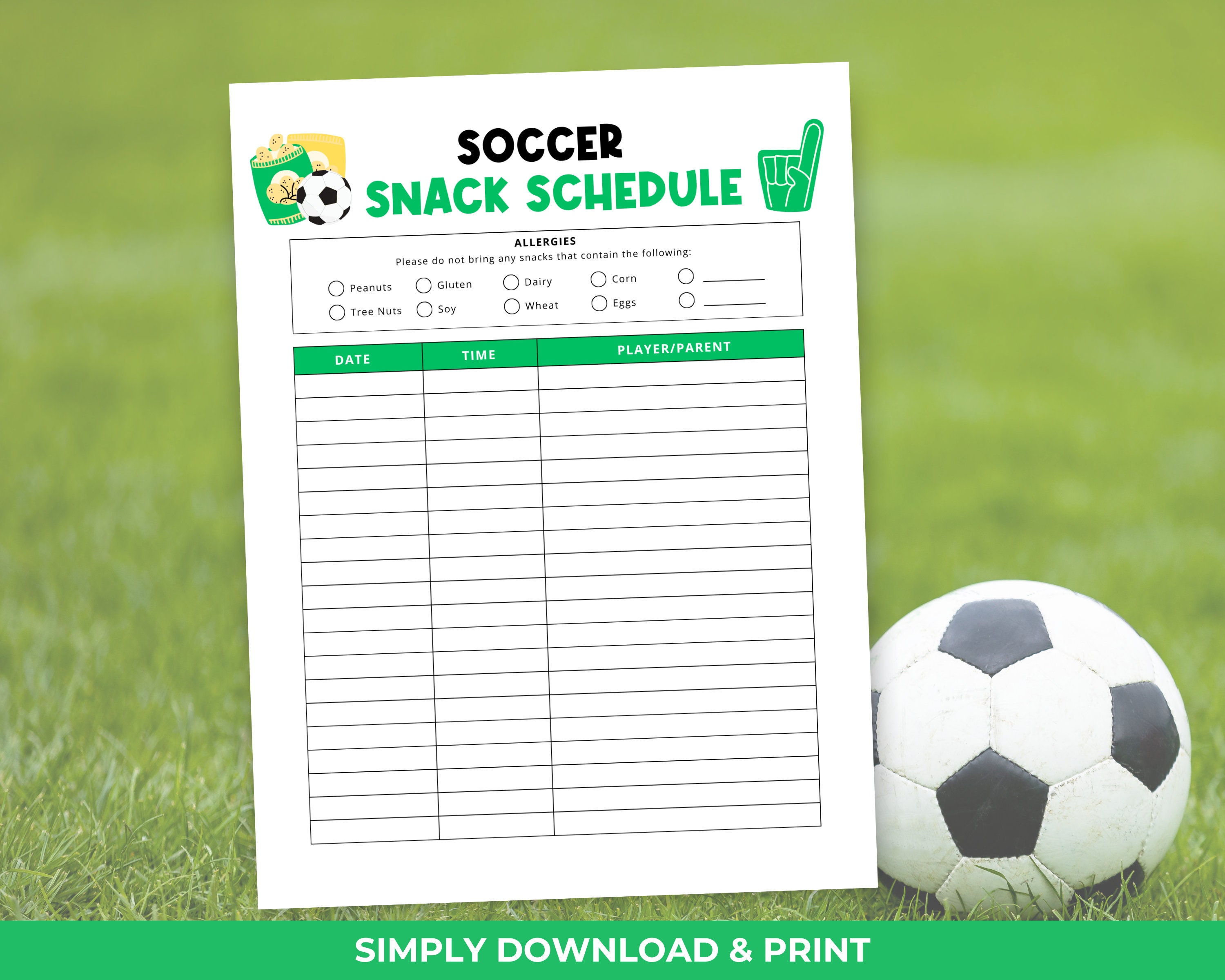Soccer Snack Schedule Sign up Sheet, Snack Volunteer Sheet for Soccer ...