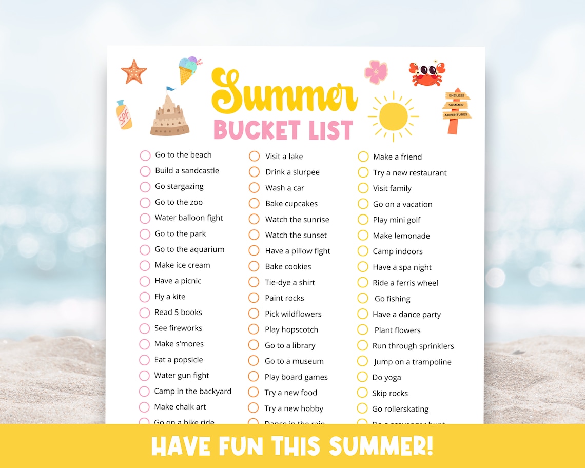 Summer Bucket List Printable, Summer Break Bucket List, Summer Activity ...