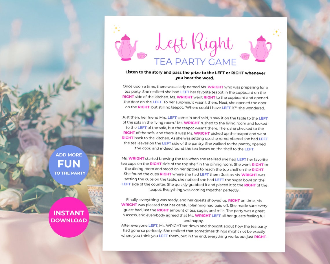 Left Right Tea Party Game, Printable Tea Party Game, Pass the Prize Tea ...