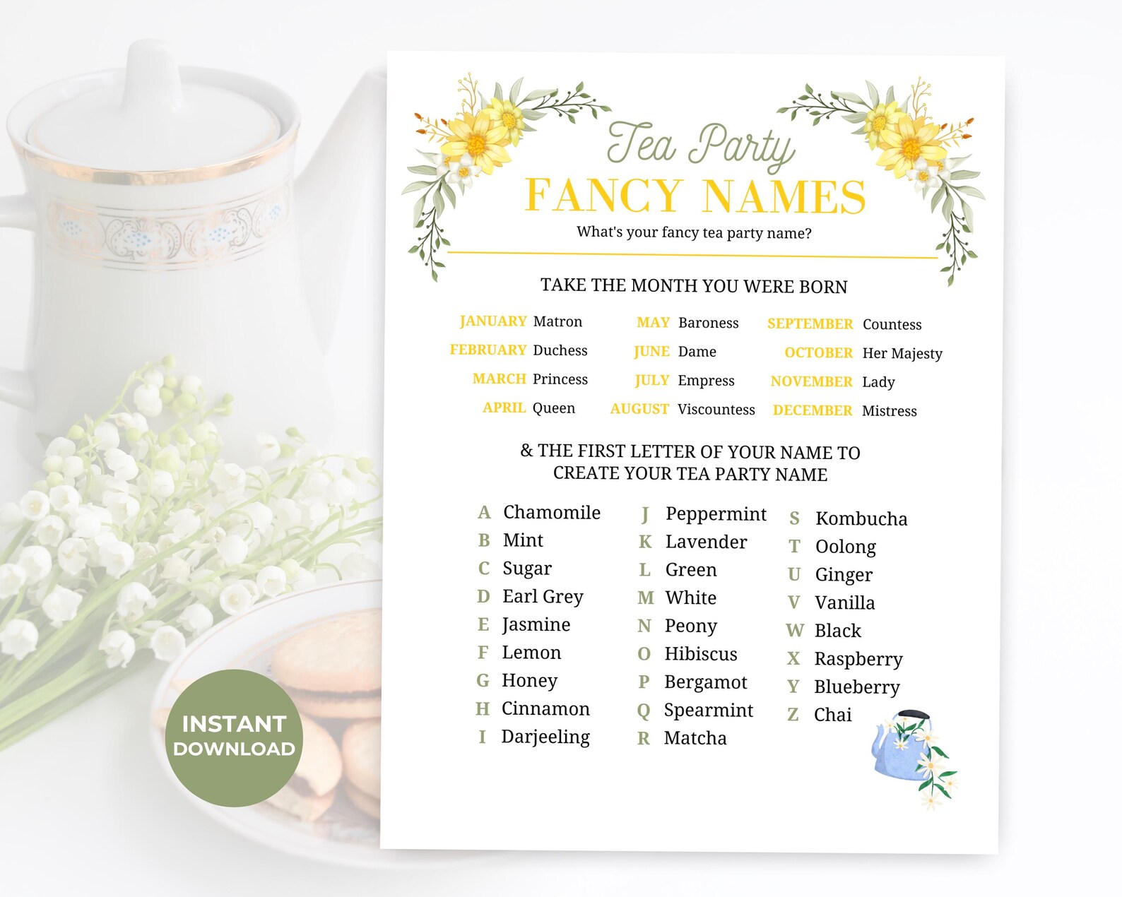 Tea Party Fancy Name Game, Printable Tea Party Game for Adults, Tea ...