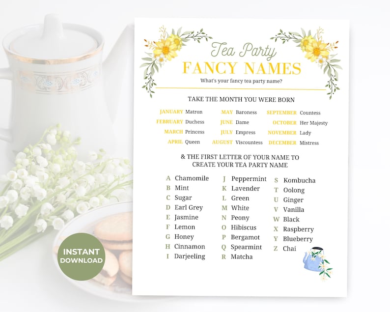 Tea Party Fancy Name Game, Printable Tea Party Game for Adults, Tea ...
