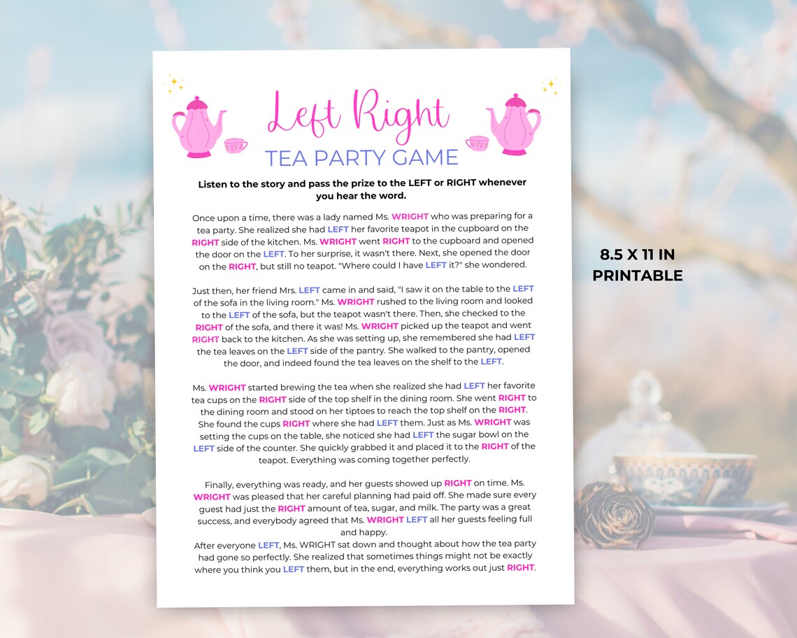 Left Right Tea Party Game, Printable Tea Party Game, Pass the Prize Tea ...