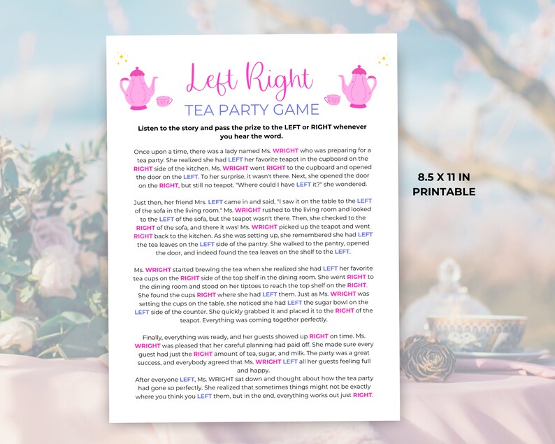 Left Right Tea Party Game, Printable Tea Party Game, Pass the Prize Tea ...