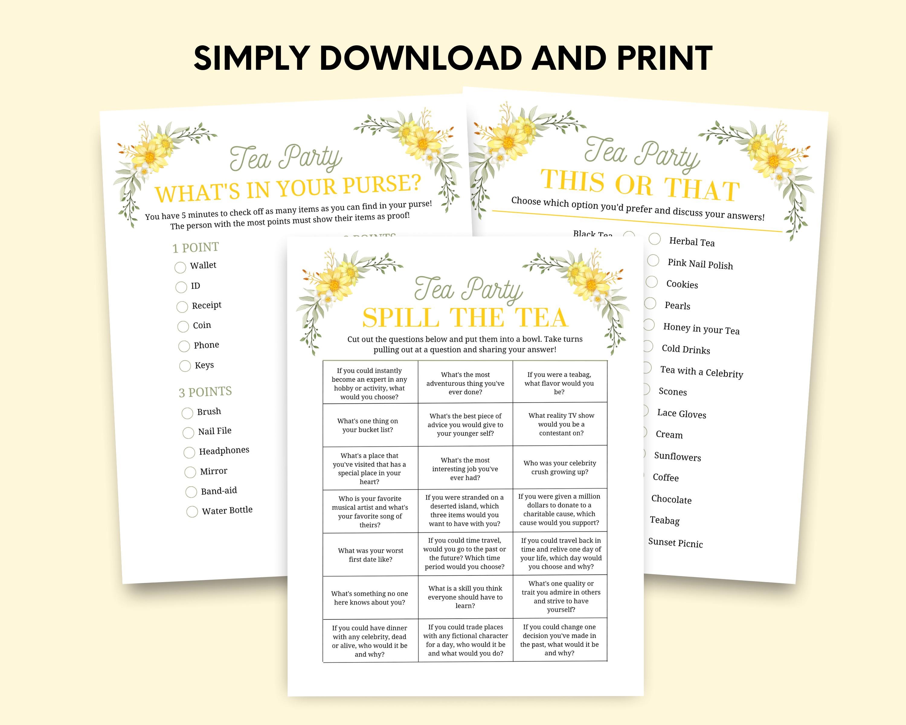 Tea Party Games Bundle Printable, Adult Tea Party Games, Tea Party ...