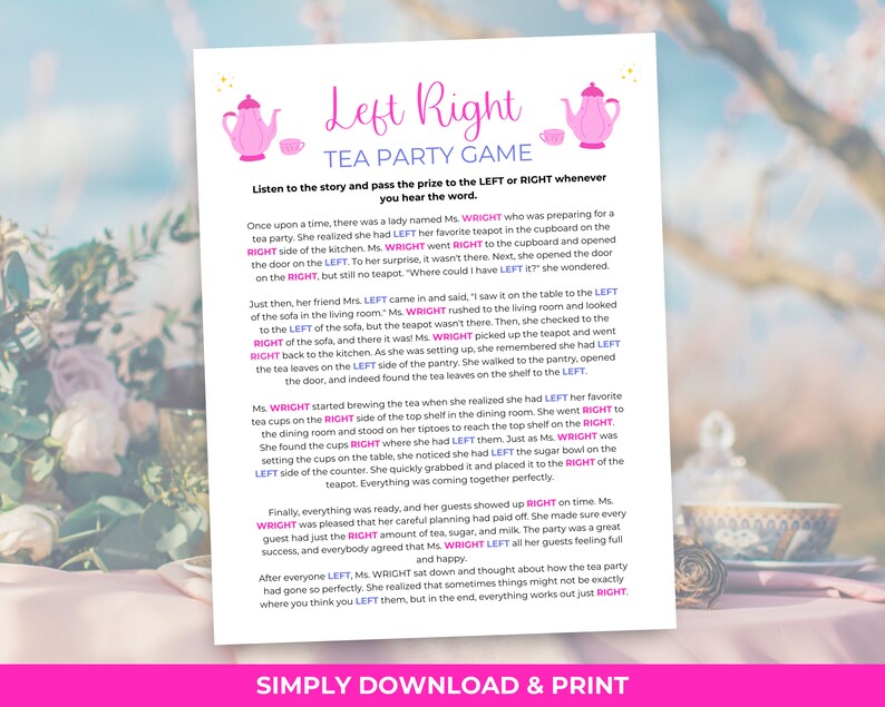 Left Right Tea Party Game, Printable Tea Party Game, Pass the Prize Tea ...