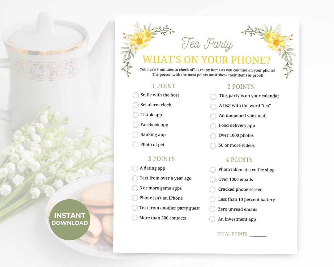 Printable Tea Party Game, What's on Your Phone Tea Party Game Adults ...