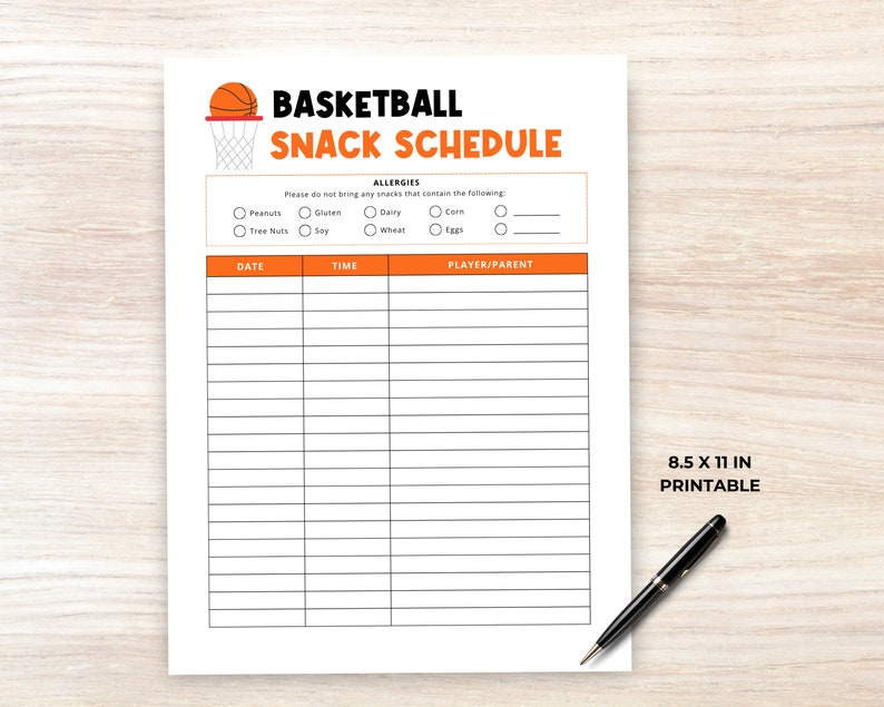 Basketball Snack Schedule, Basketball Sign up Sheet Printable, Snack ...