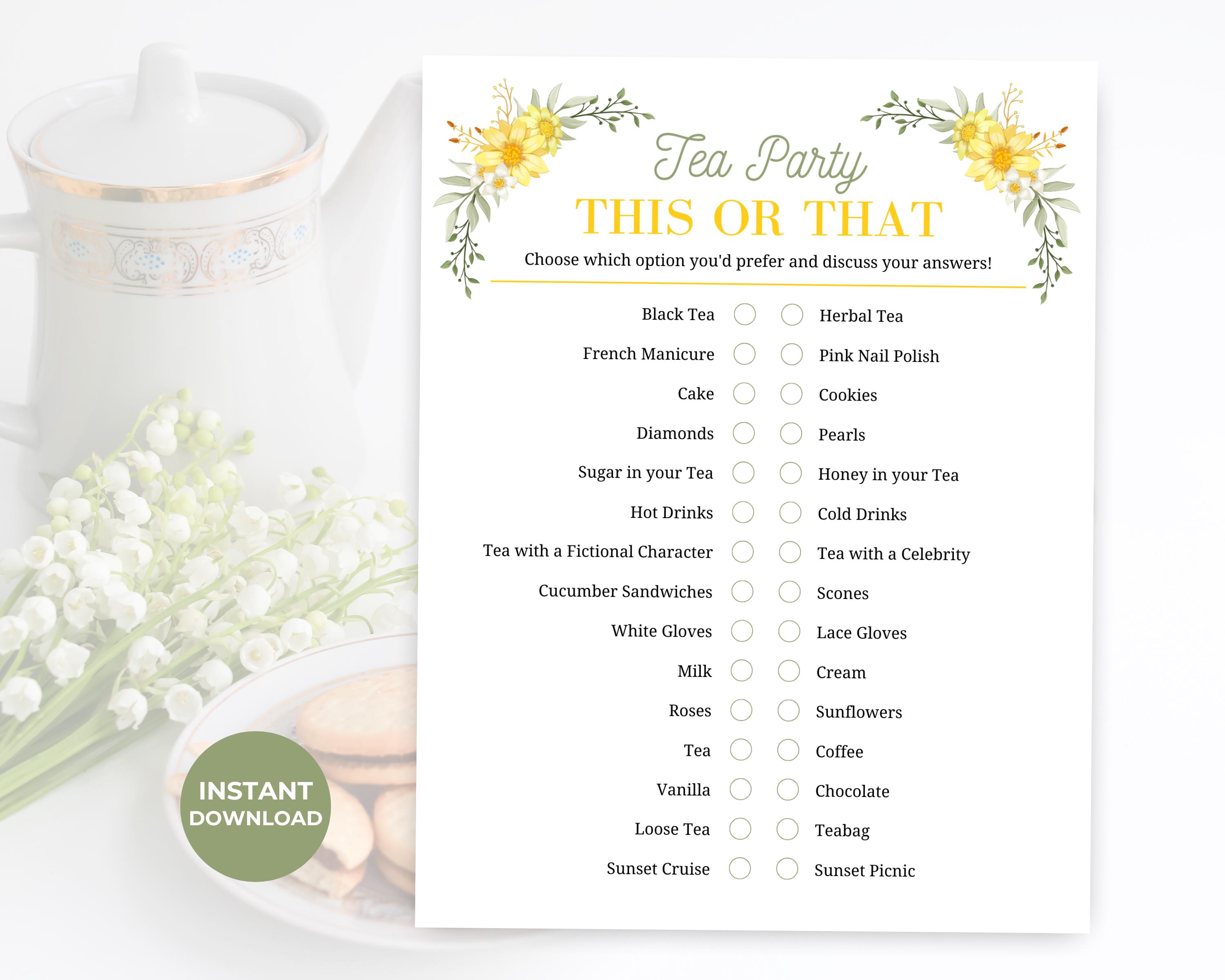 Tea Party This or That, Printable Tea Party Game for Adults, Tea Party ...