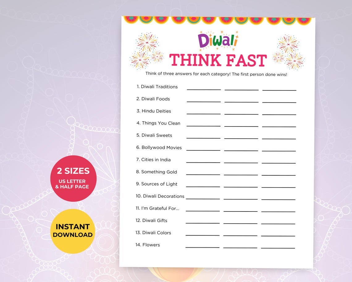 Diwali Think Fast Game, Fun Diwali Party Game, Printable Diwali Game ...