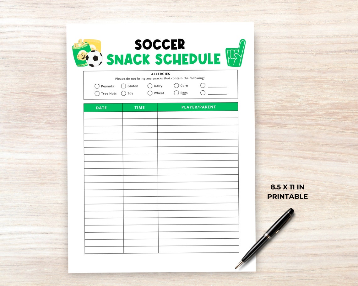Soccer Snack Schedule Sign up Sheet, Snack Volunteer Sheet for Soccer ...