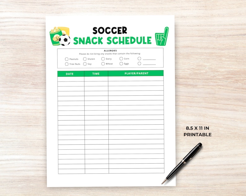 Soccer Snack Schedule Sign up Sheet, Snack Volunteer Sheet for Soccer ...