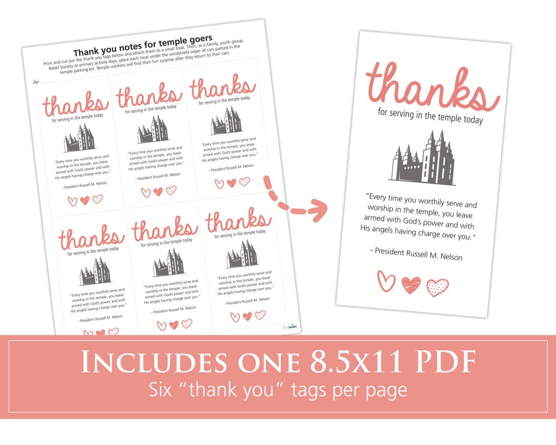LDS Temple Worker Thank You Tags: Printable Gift (PDF) - Etsy