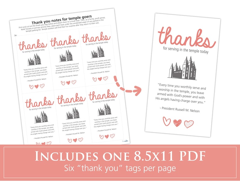 LDS Temple Worker Thank You Tags: Printable Gift (PDF) - Etsy