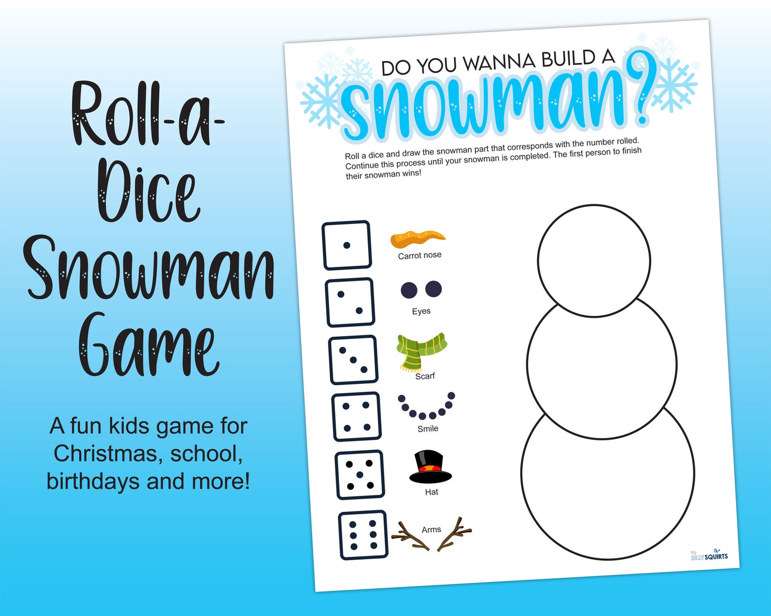 Roll A Snowman Game, Printable Christmas Party Game, Build a Snowman ...