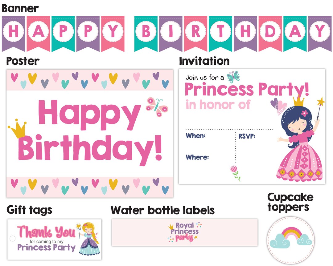 Princess Birthday Party Bundle: Banner, Invitation, Cupcake Toppers ...