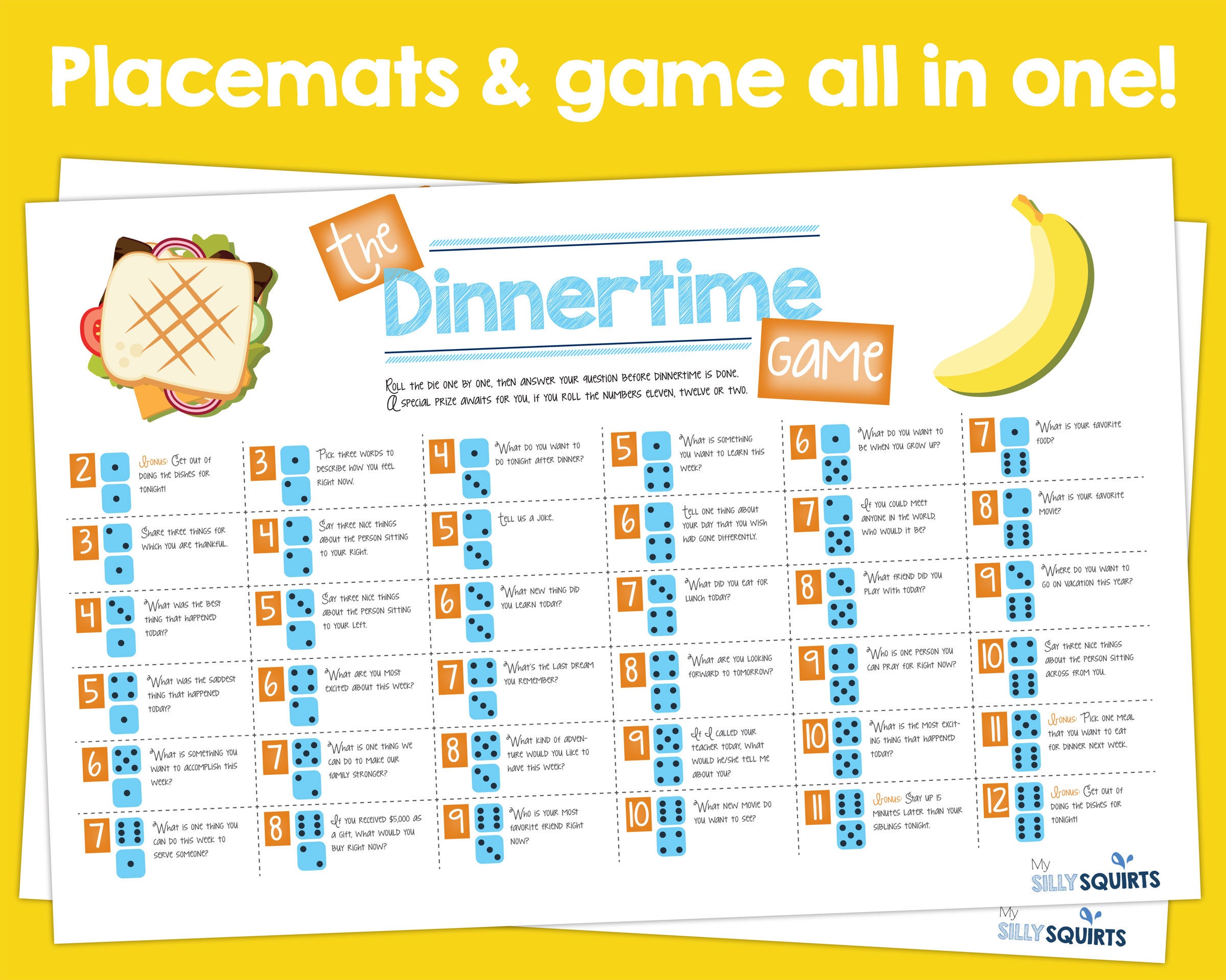Dinner Placemat Kids, Dinnertime Game, Printable Placemat, Dice Games ...