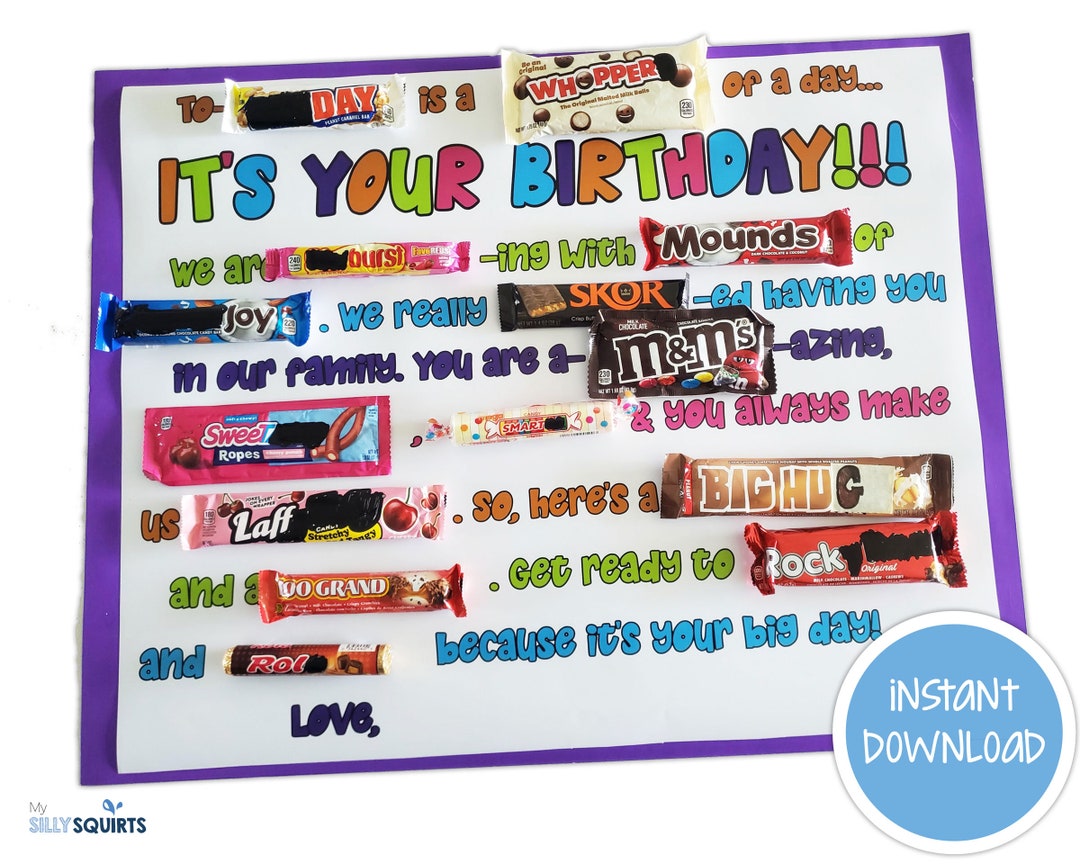 Birthday Candy Bar Poster: Printable Candy Gram Gift (PDF) - Etsy