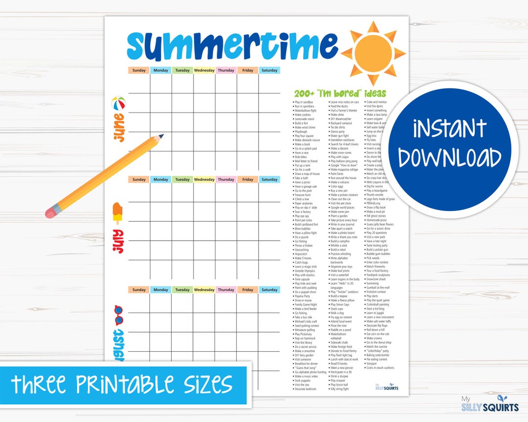 Summer Bucket List Calendar: 3-month Activity Poster (digital Download ...