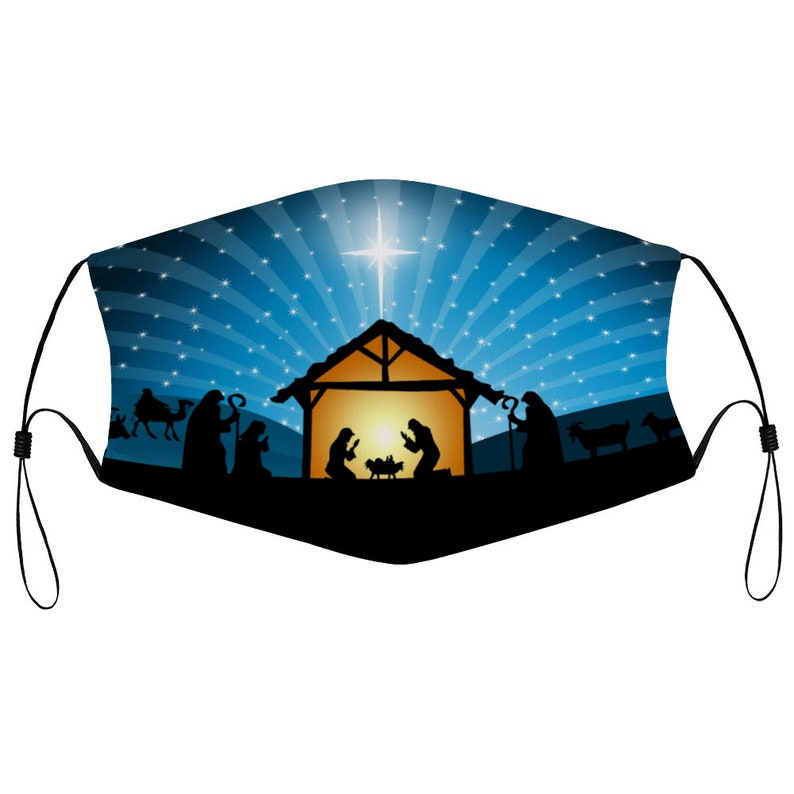 Baby Jesus First Christmas Manger Nativity Holiday Cloth Face Mask W/ 2 ...