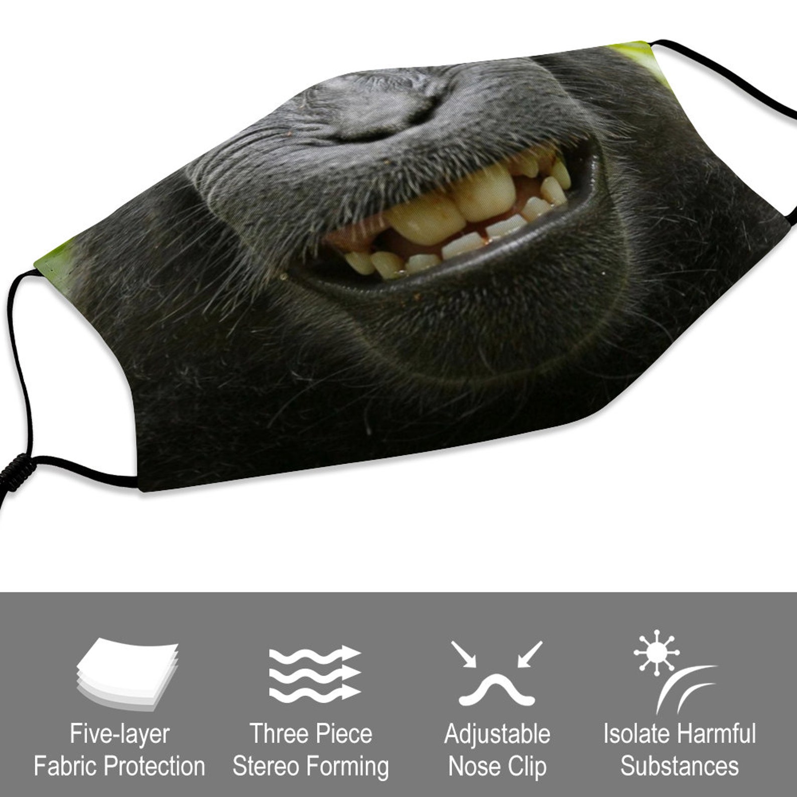 Laughing Monkey Smiling Animal Mouth Black Cloth Face Mask With 2 ...