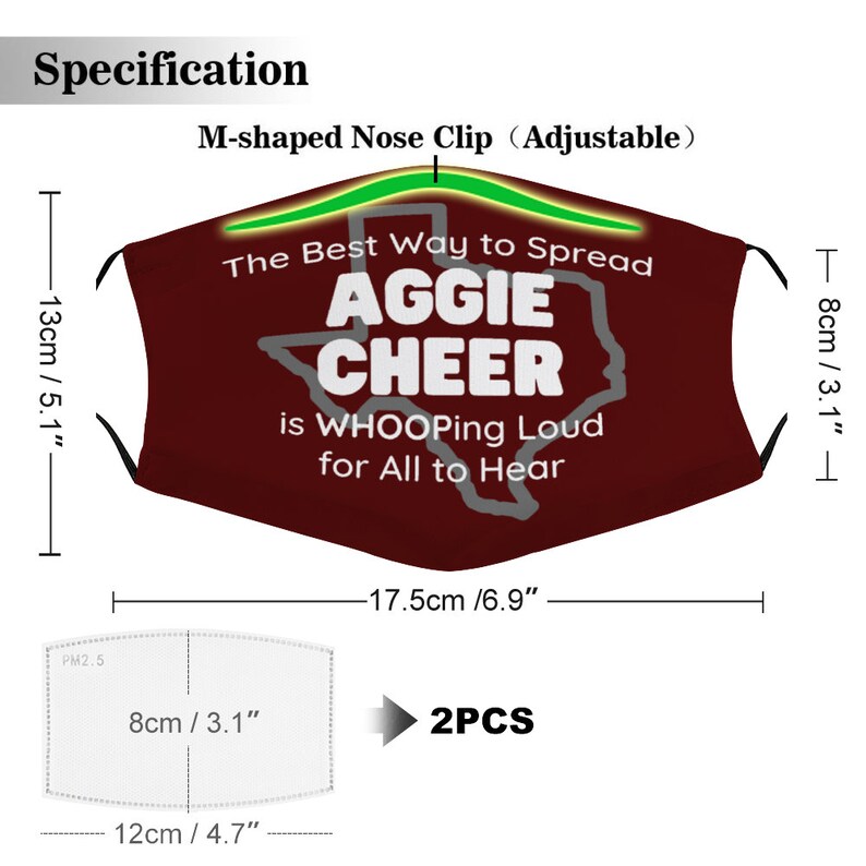 Aggie Cheer Whoop Texas A&M University TAMU Maroon Reveille Cloth Face ...