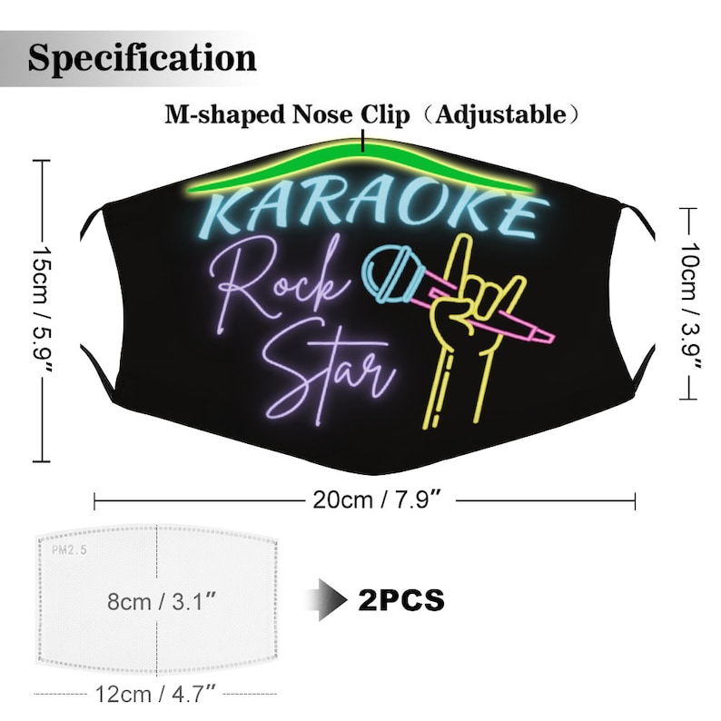 Karaoke Rock Star Neon Singing Microphone Black Cloth Face Mask With 2 ...