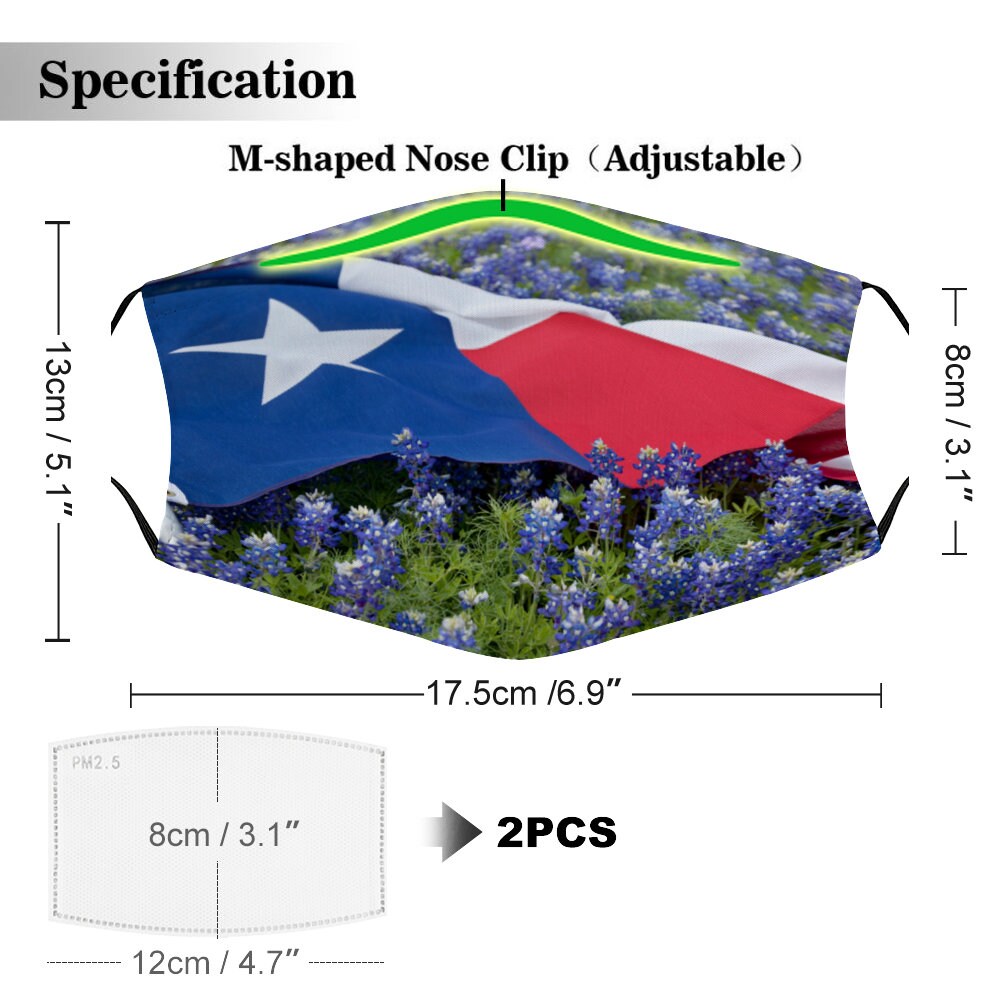 Texas Flag Lone Star State Texan Pride Bluebonnets Cloth Face Mask W/ 2 ...