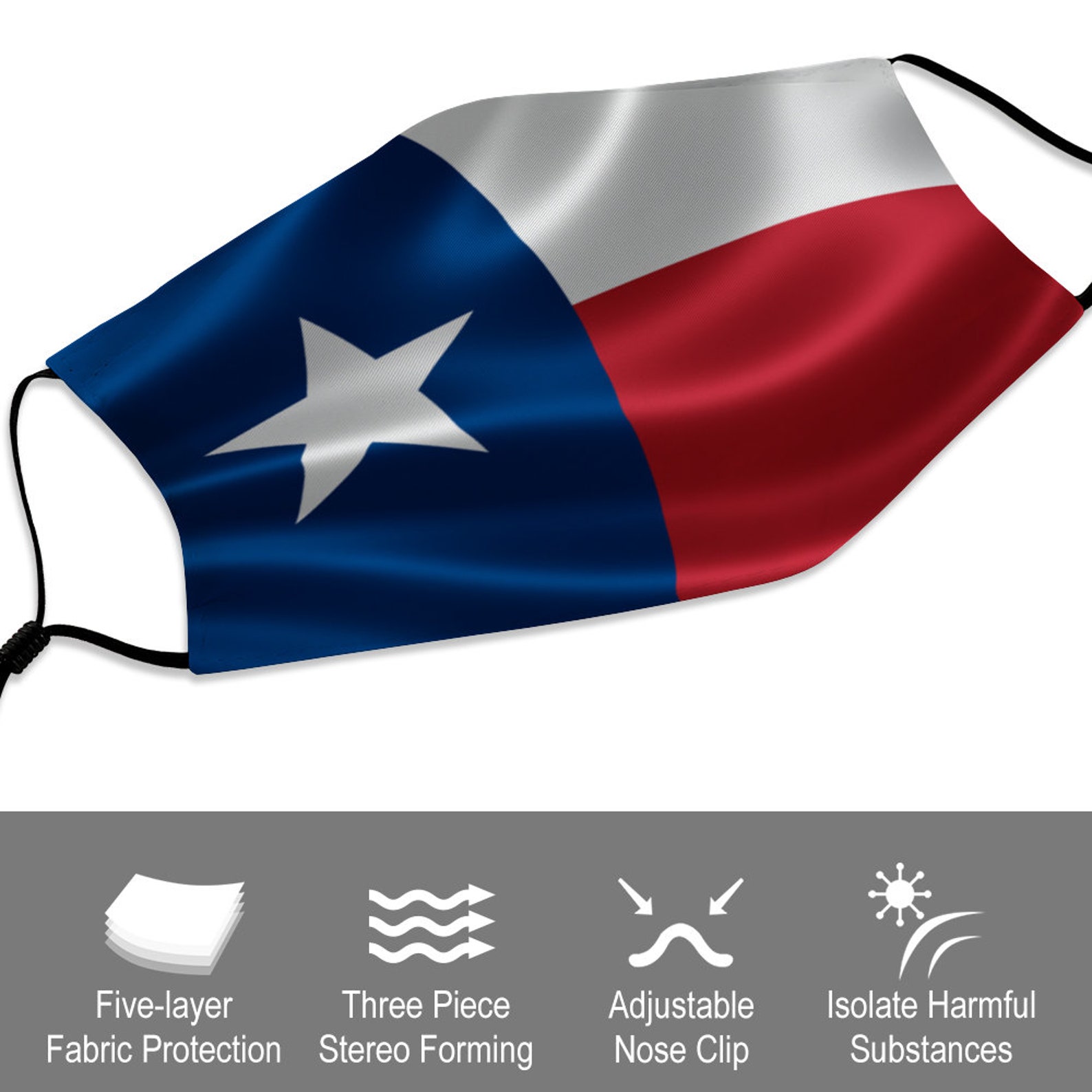 Texas Flag Lone Star State Texan Pride Red Blue Cloth Face Mask With 2 ...