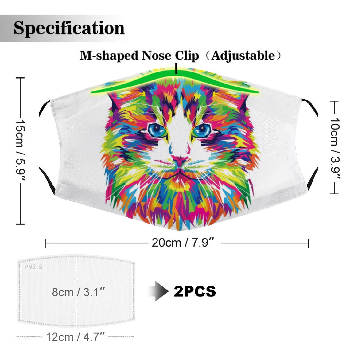 Colorful Rainbow Cat Kitty Cloth Face Mask W/ 2 Replaceable Filters ...