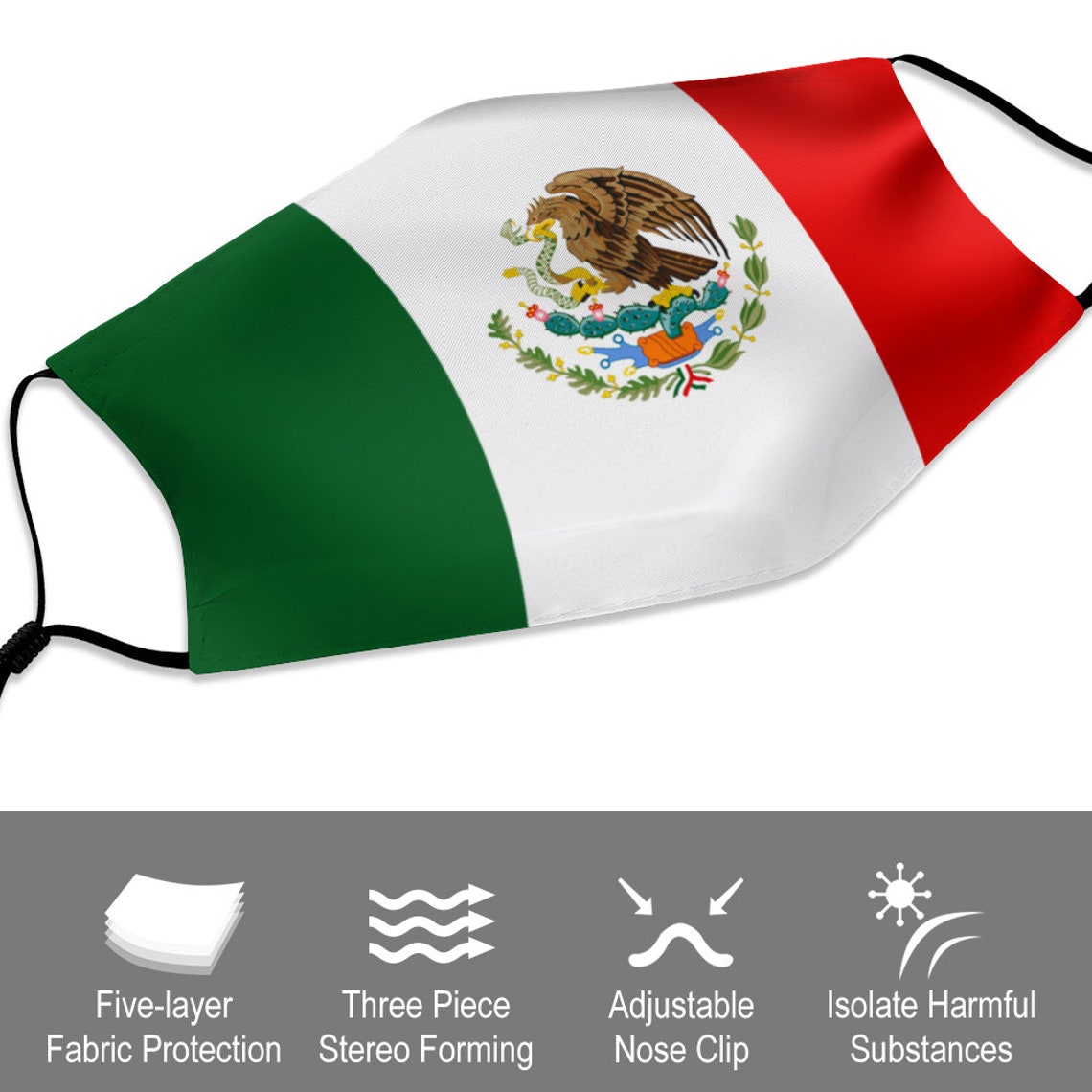Mexican Flag Bandera De México Red White Green Cloth Face Mask With 2 ...