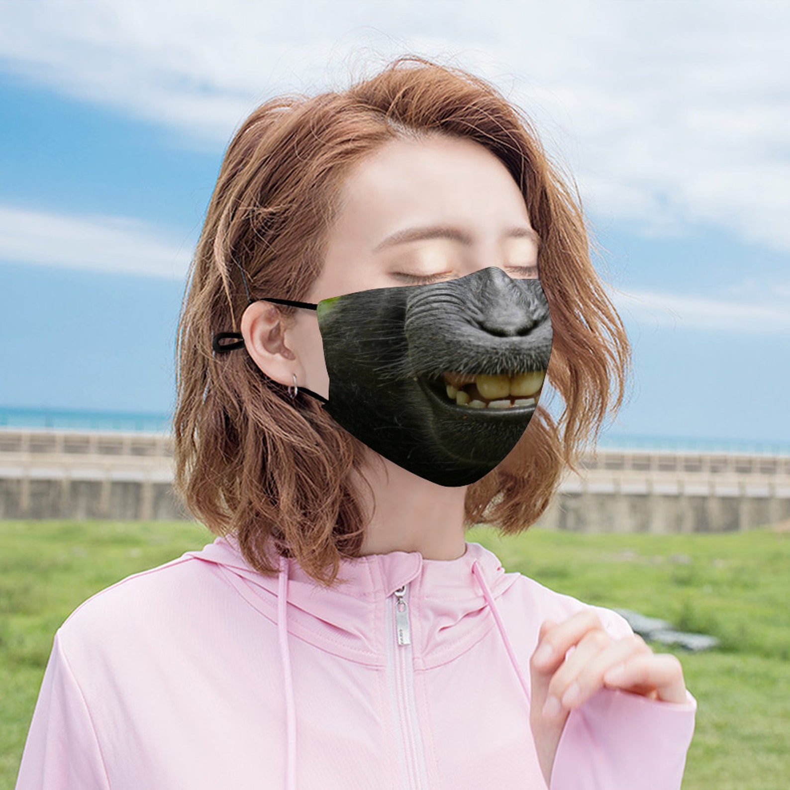 Laughing Monkey Smiling Animal Mouth Black Cloth Face Mask With 2 ...