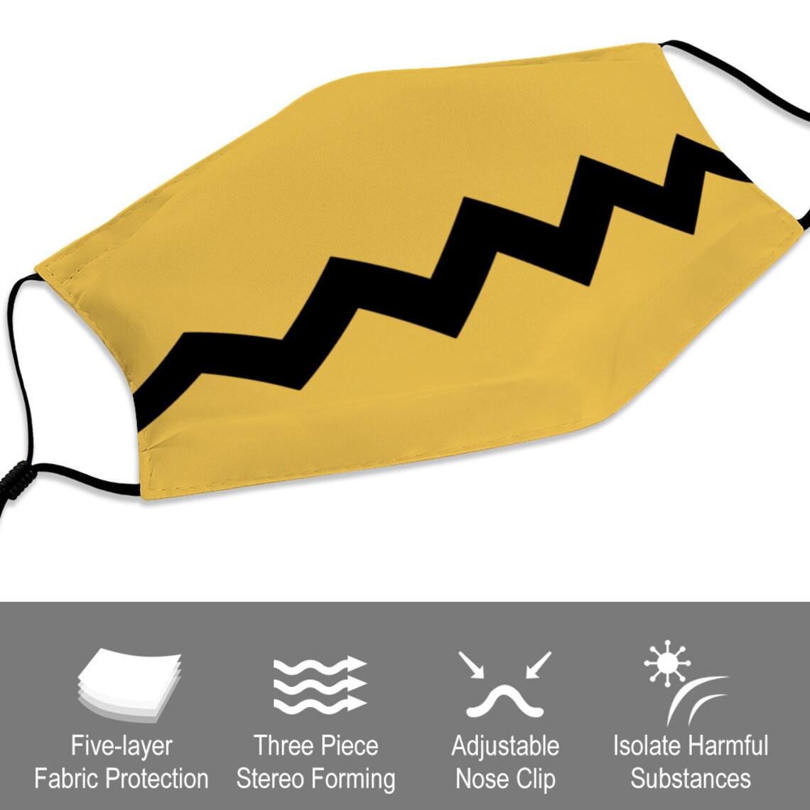 Peanuts Charlie Brown Zig Zag Black Yellow Cloth Face Mask W/ 2 ...