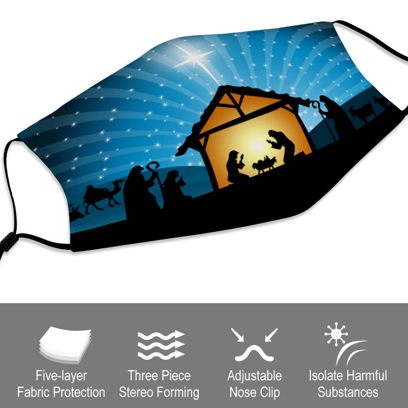 Baby Jesus First Christmas Manger Nativity Holiday Cloth Face Mask W/ 2 ...