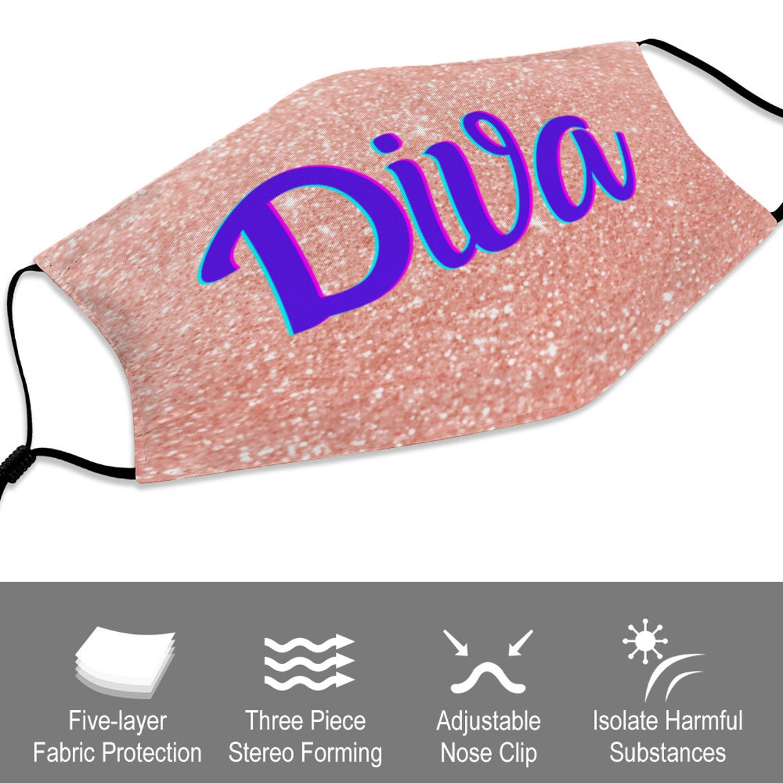 Diva Pink Glitter Background Purple Sassy HBIC Cloth Face Mask With 2 ...