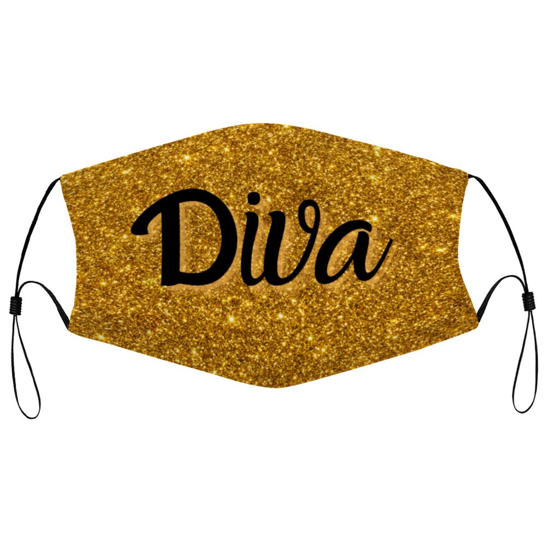 Diva Gold Glitter Background Black Sassy HBIC Cloth Face Mask With 2 ...