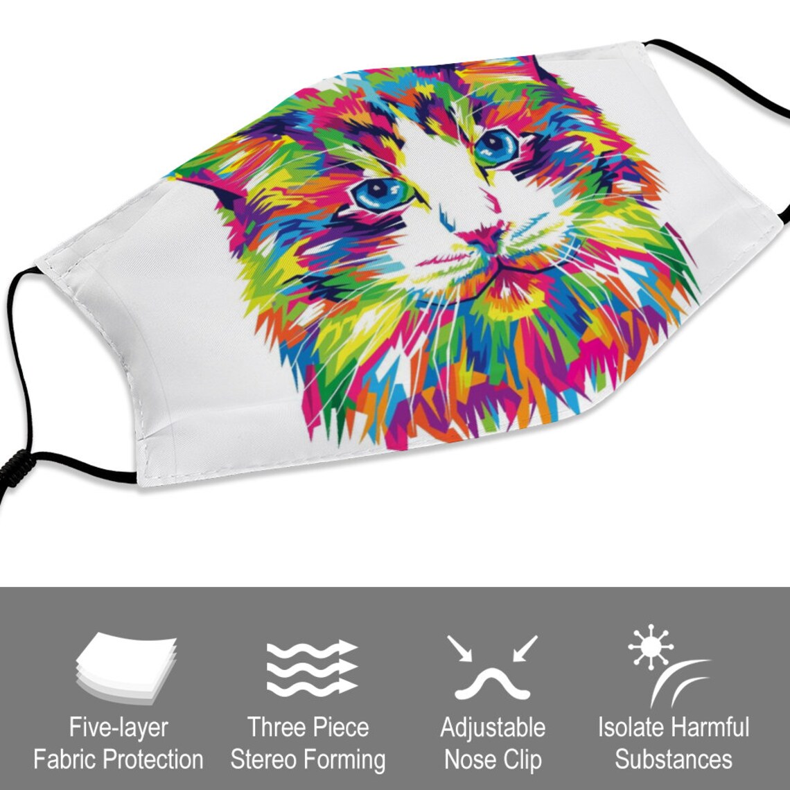 Colorful Rainbow Cat Kitty Cloth Face Mask W/ 2 Replaceable Filters ...