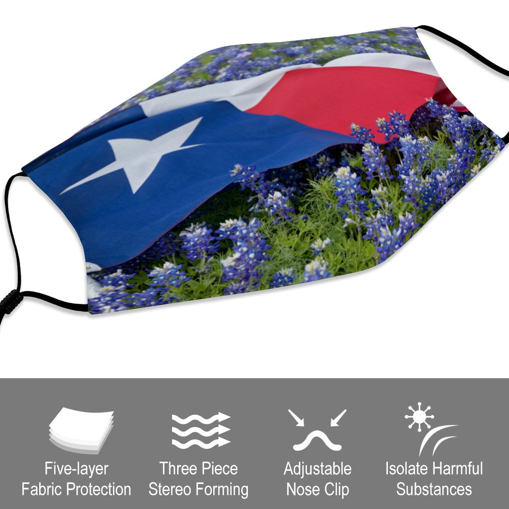 Texas Flag Lone Star State Texan Pride Bluebonnets Cloth Face Mask W/ 2 ...