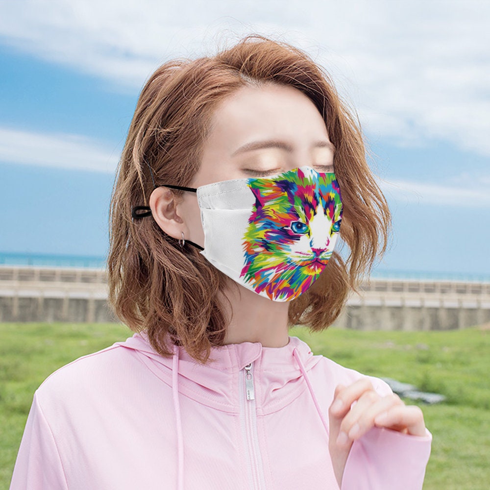 Colorful Rainbow Cat Kitty Cloth Face Mask W/ 2 Replaceable Filters ...