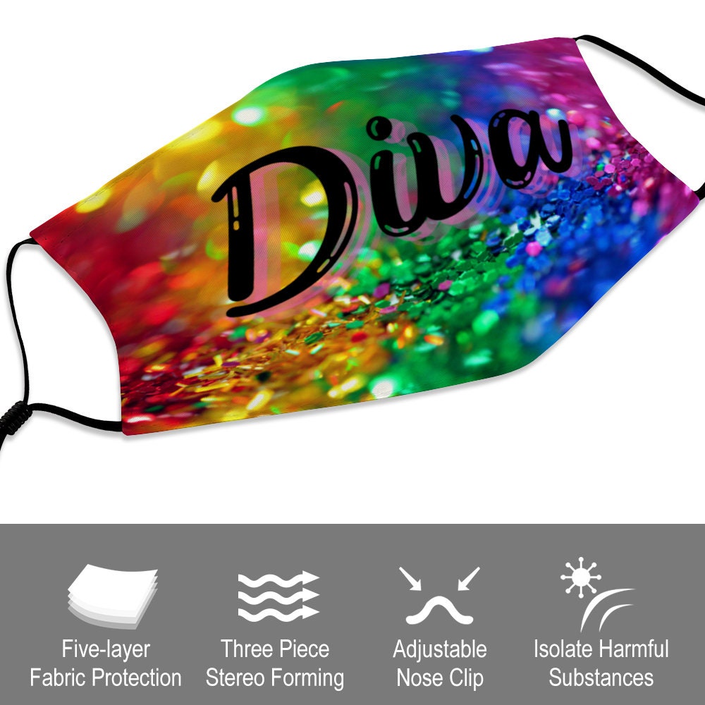Diva Rainbow Glitter Background Black Sassy HBIC Cloth Face Mask With 2 ...