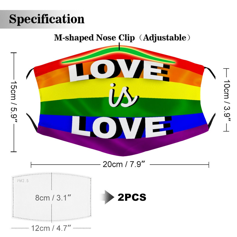 LGBTQIA Love is Love Rainbow Flag Cloth Face Mask With 2 Replaceable ...